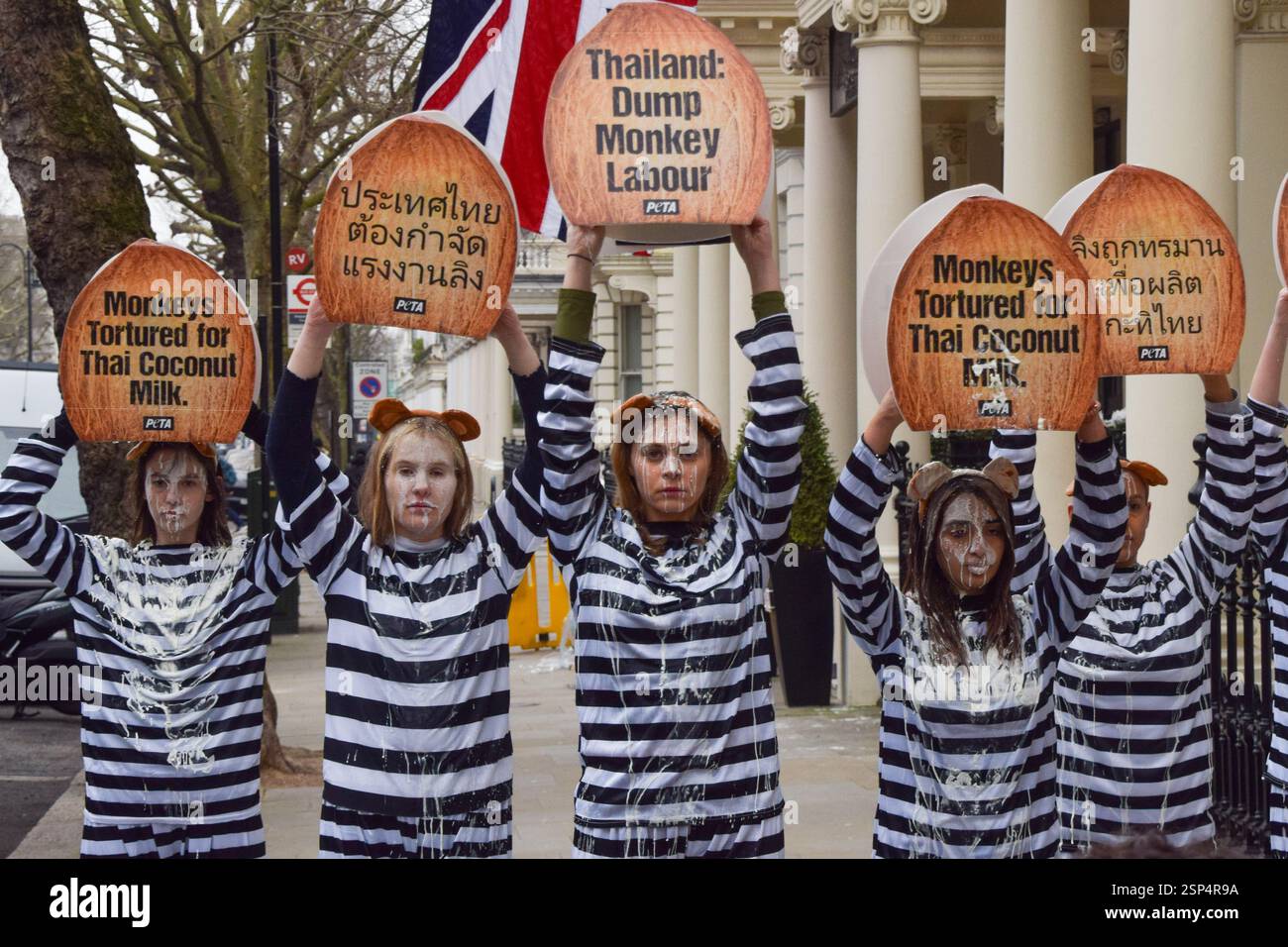 London, England, UK. 13th Feb, 2025. PETA activists dressed as monkeys ...