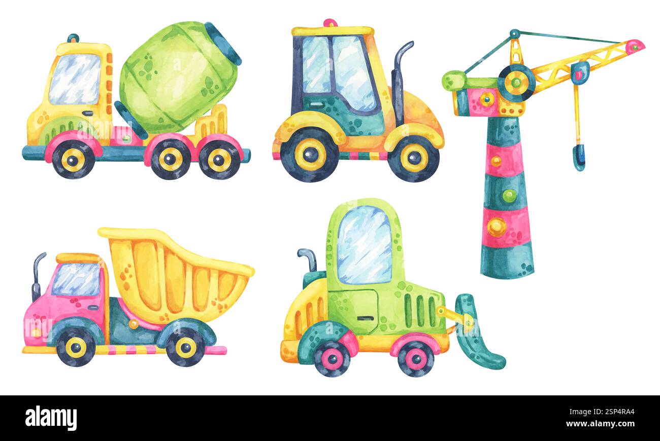 Construction vehicles. Toys watercolor clipart set. Concrete mixer ...