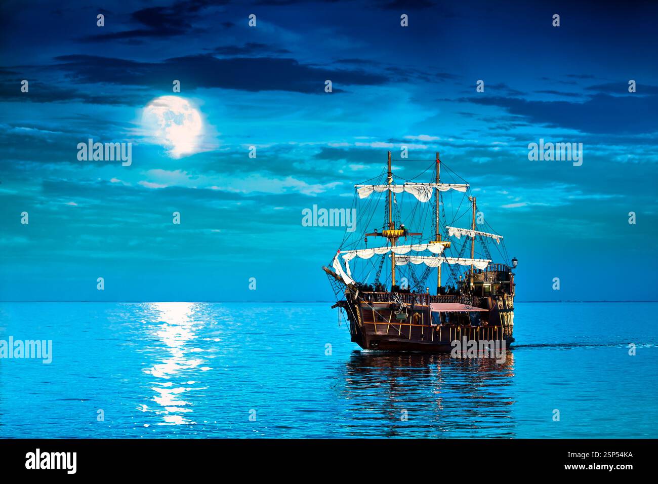Pirate Ship Sailing Flying Dutchman Full Moon Blue Rough Sea Mysterious ...