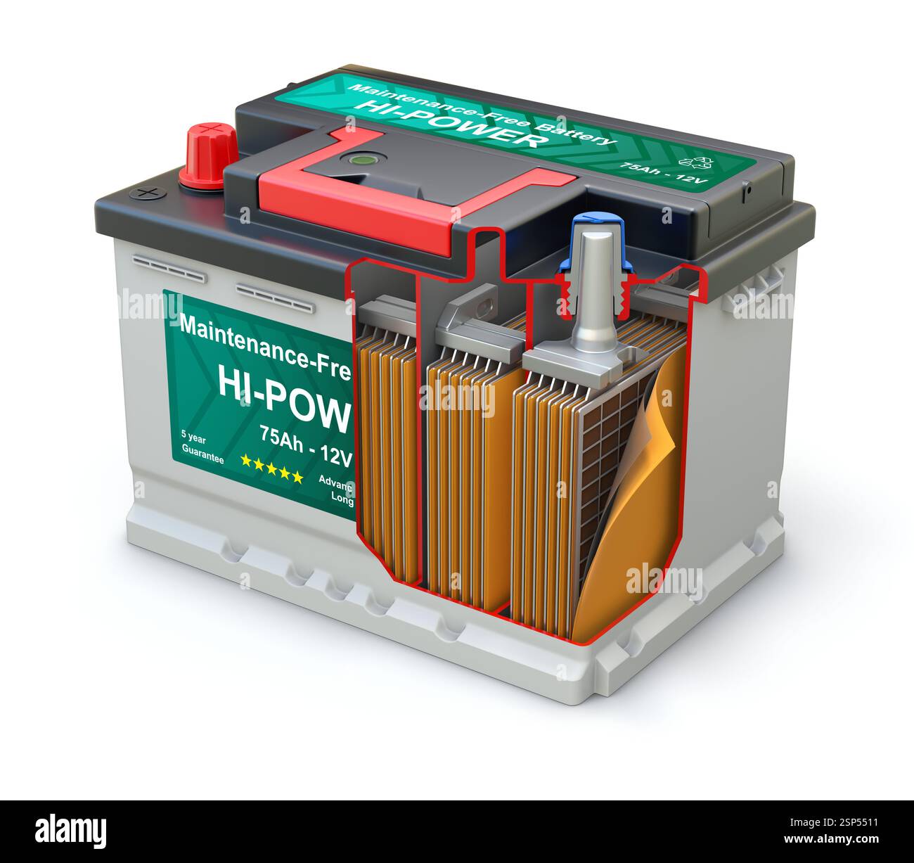 Cross section of car battery with abstract label - 3D illustration ...
