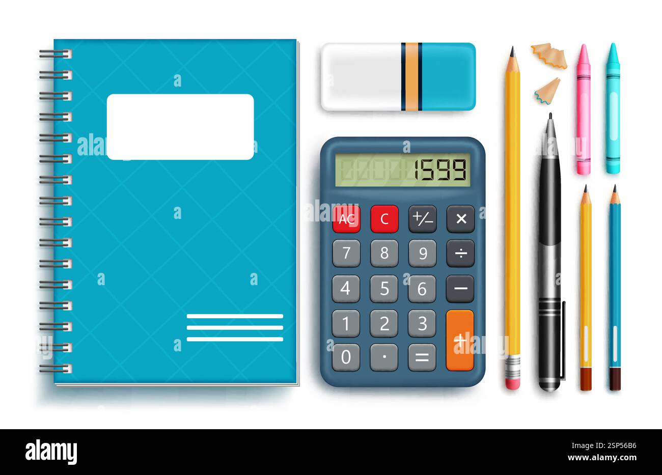 Back to school element vector set. Back to school notebook, calculator, pencil and crayon ...