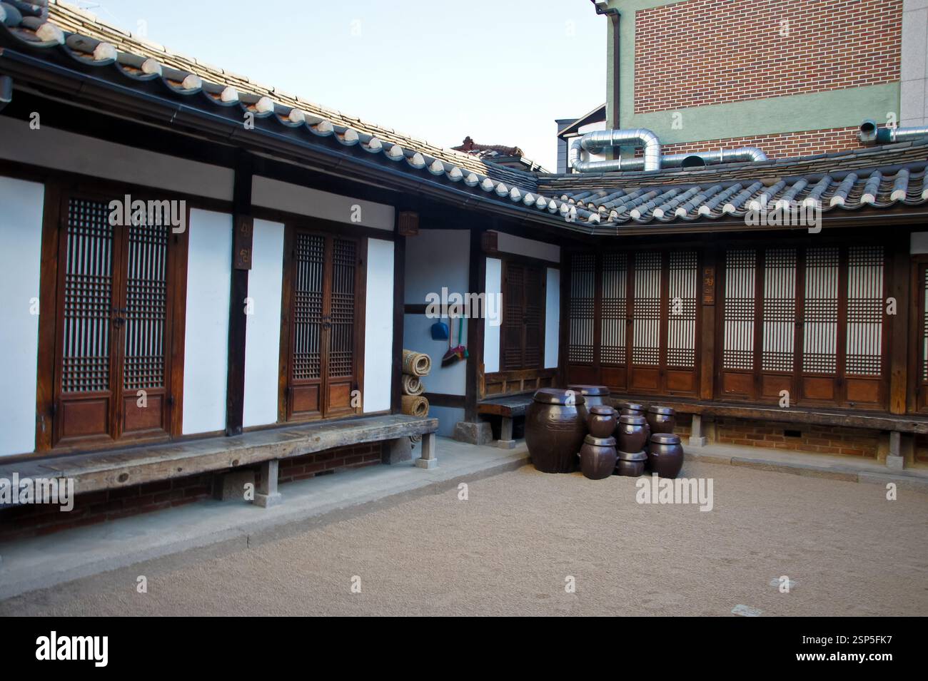 Korean Hanok. White walls, tiled roof, wooden beams. Symbol of Korean ...