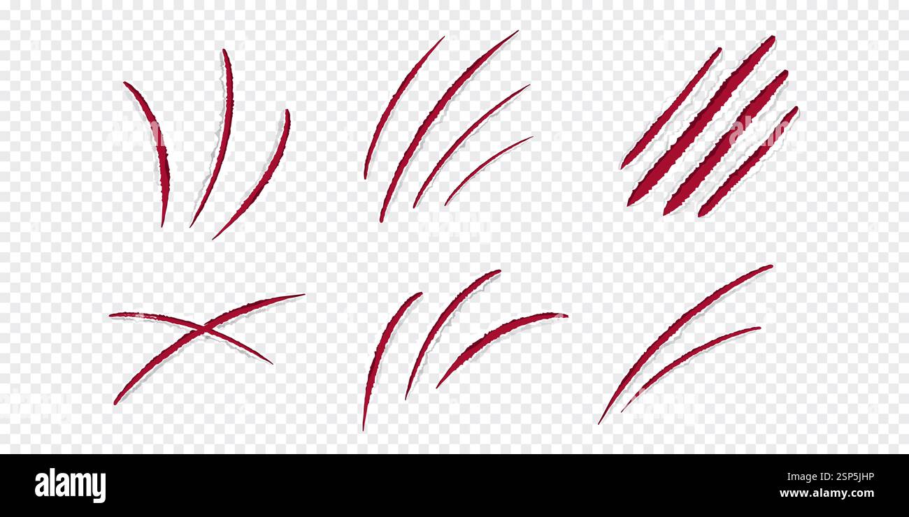Cat claws red scratches, torn paper edge isolated on transparent ...