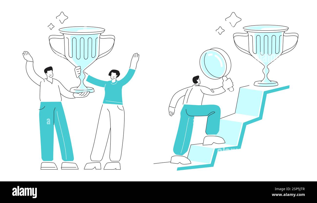 Teamwork, happy group of people holding award cup. Achieving goal ...