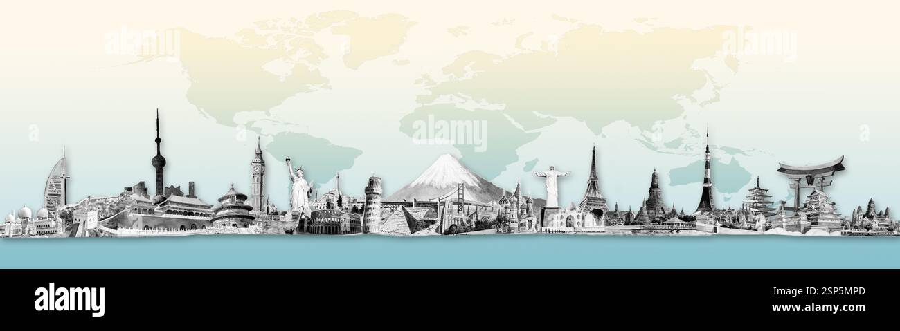 Travel landmarks world with world map background, Landmark architecture ...