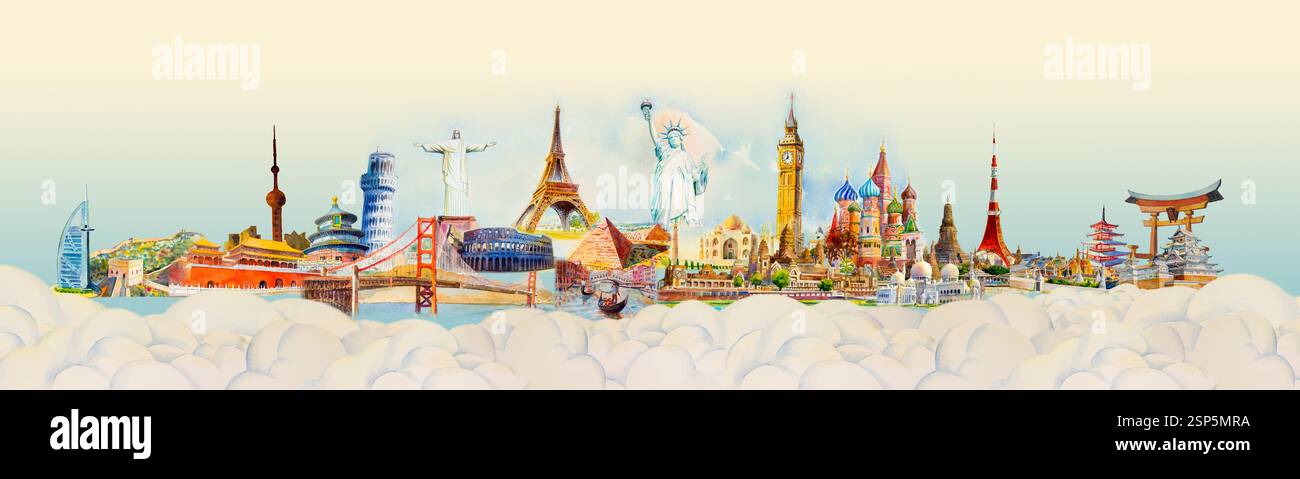 Travel landmarks world on group cloud, blue background. Landmark ...