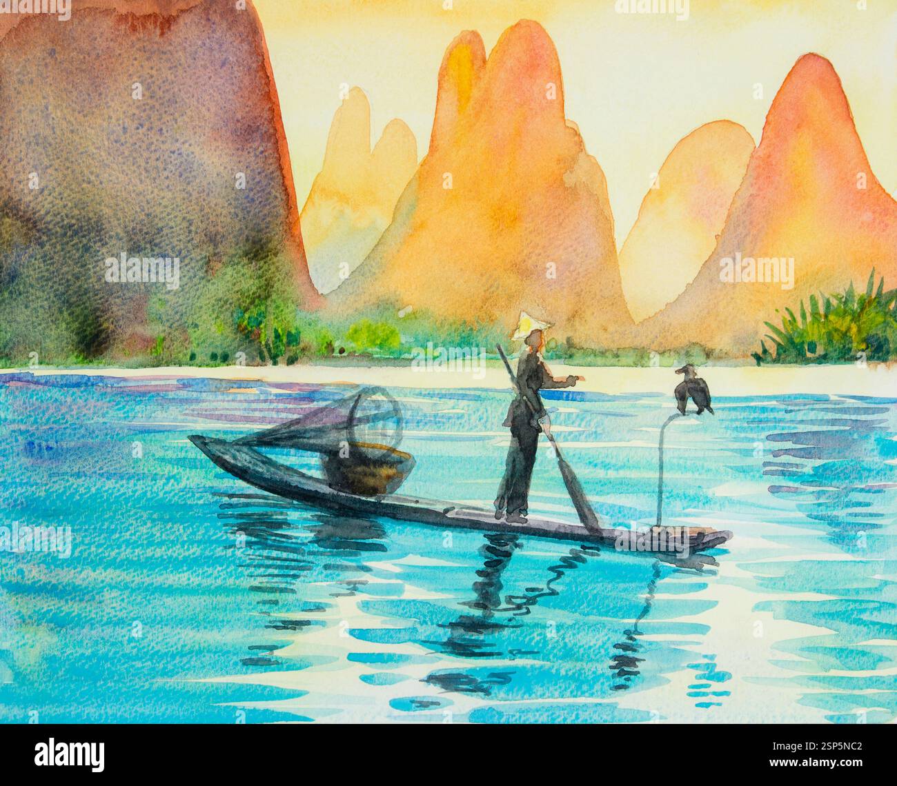 Watercolor painting landscape Chinese man fishing with cormorants birds ...