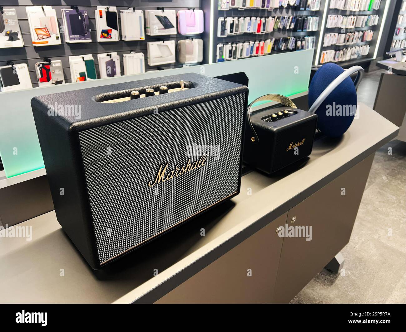 Lviv, Ukraine - February 13, 2025: Audio Marshall devices and wireless ...