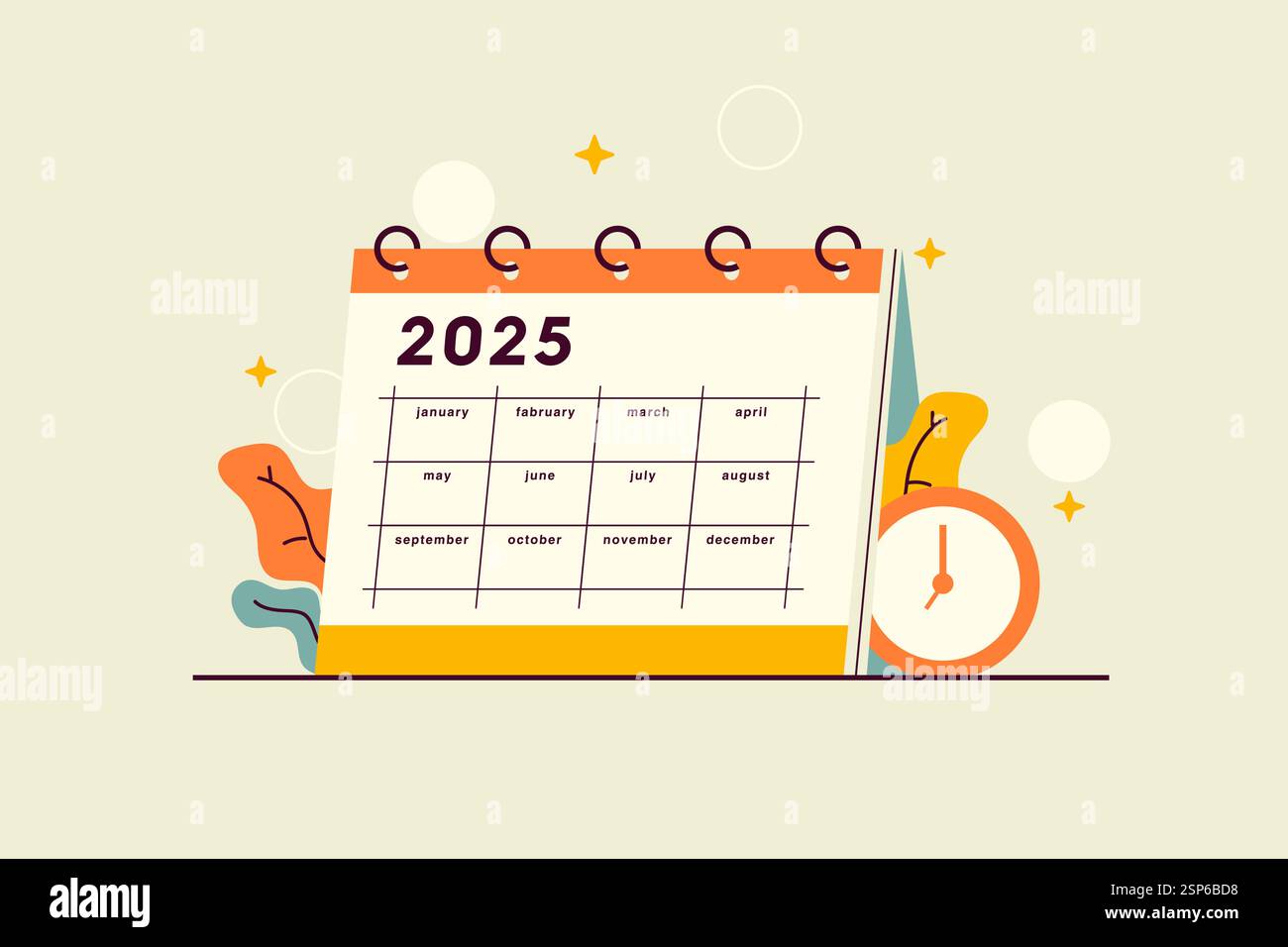 Vector illustration of 2025 calendar with clock icon. Desk yearly ...