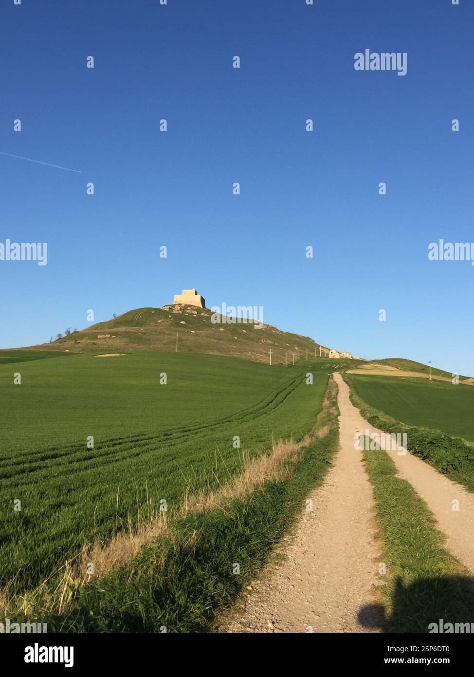 A picturesque path winds through lush green fields, ascending toward a historic building atop a ...