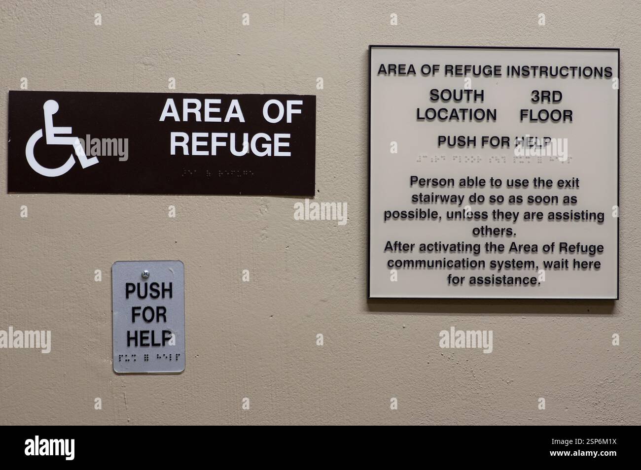 Signs in an Area of Refuge denoting instructions for assistance Stock ...