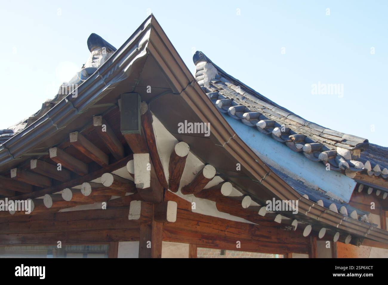 Roof detail of traditional Korean house. Gently sloping grey tiled roof with overhanging eaves ...