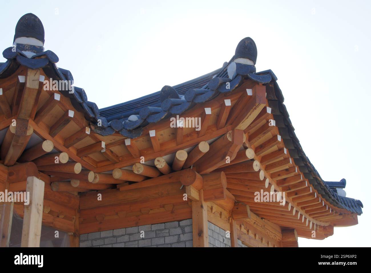 Korean Traditional House. Roof with curved eaves and ornate details. Wood beams and blue tiles ...