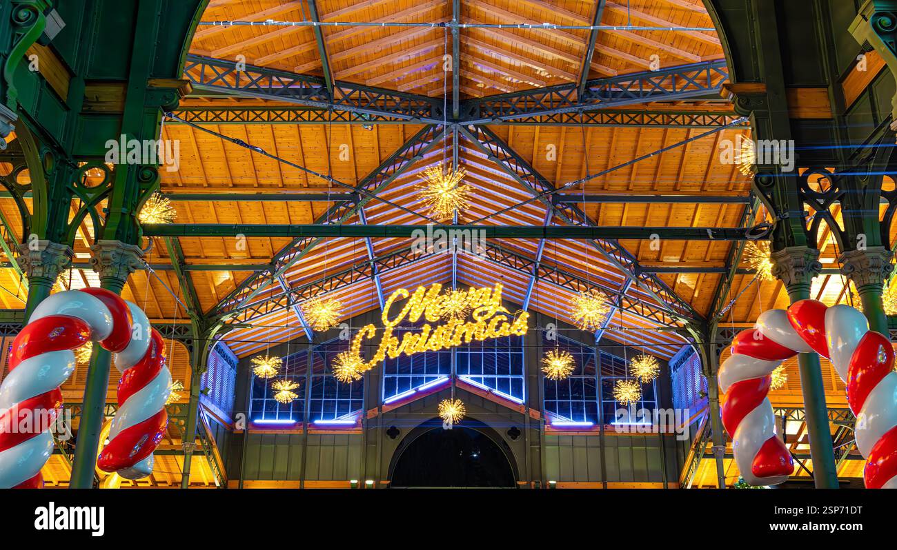 A festive indoor Christmas market in Montreux, Switzerland, decorations ...
