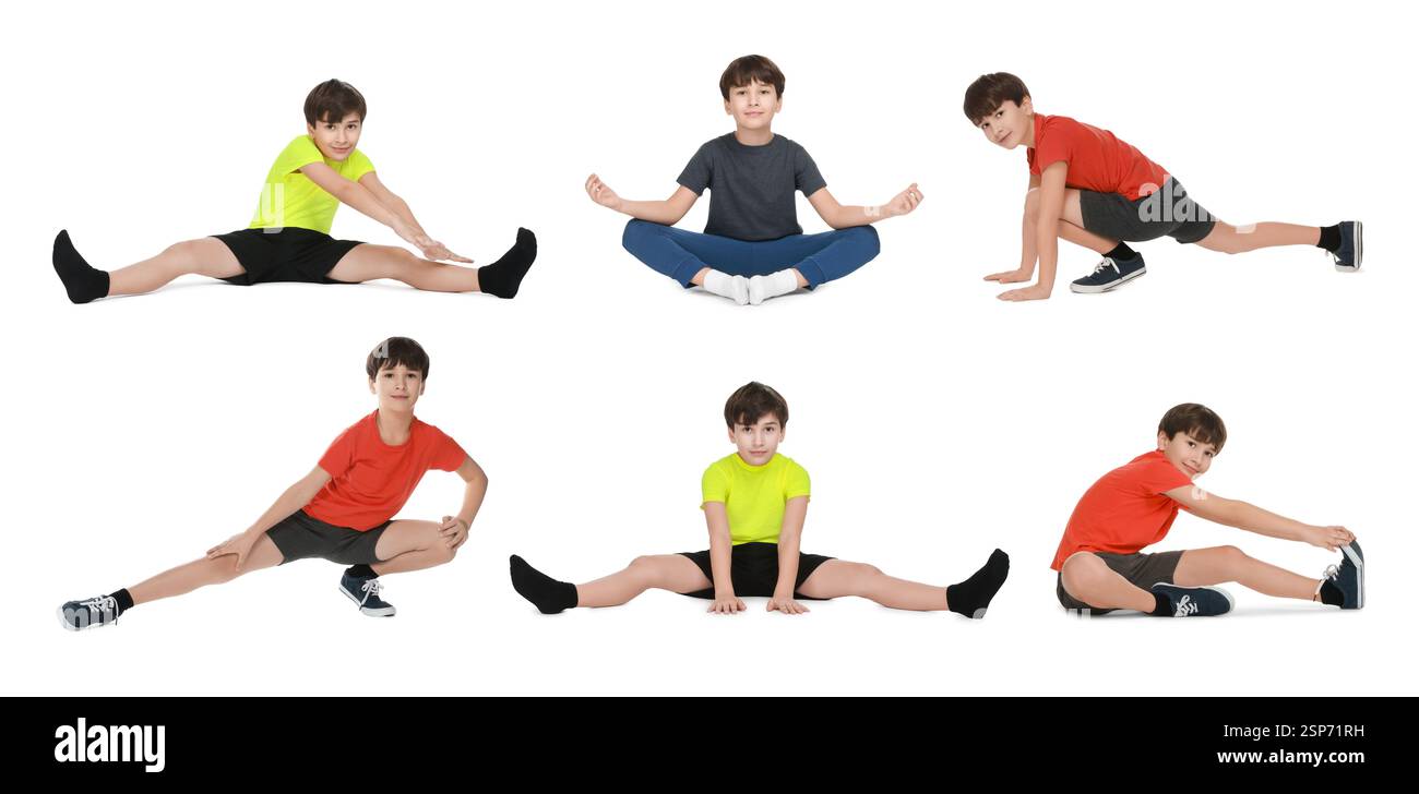 Little boy doing sport exercises on white background, collage Stock ...