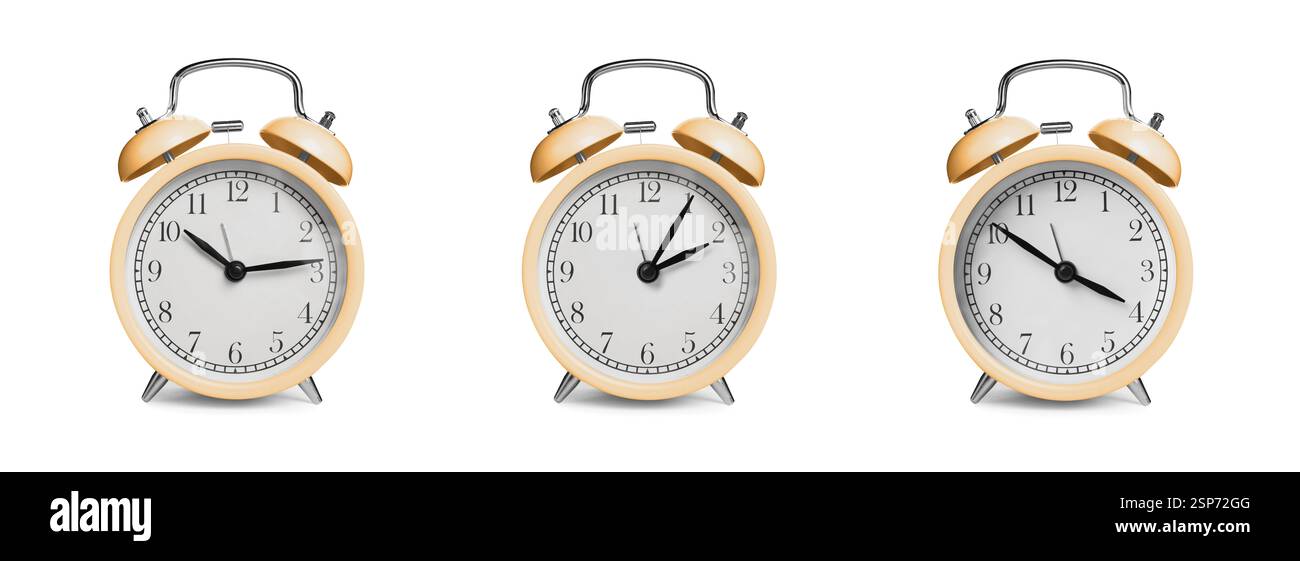 Beige alarm clock showing different time isolated on white, collage ...