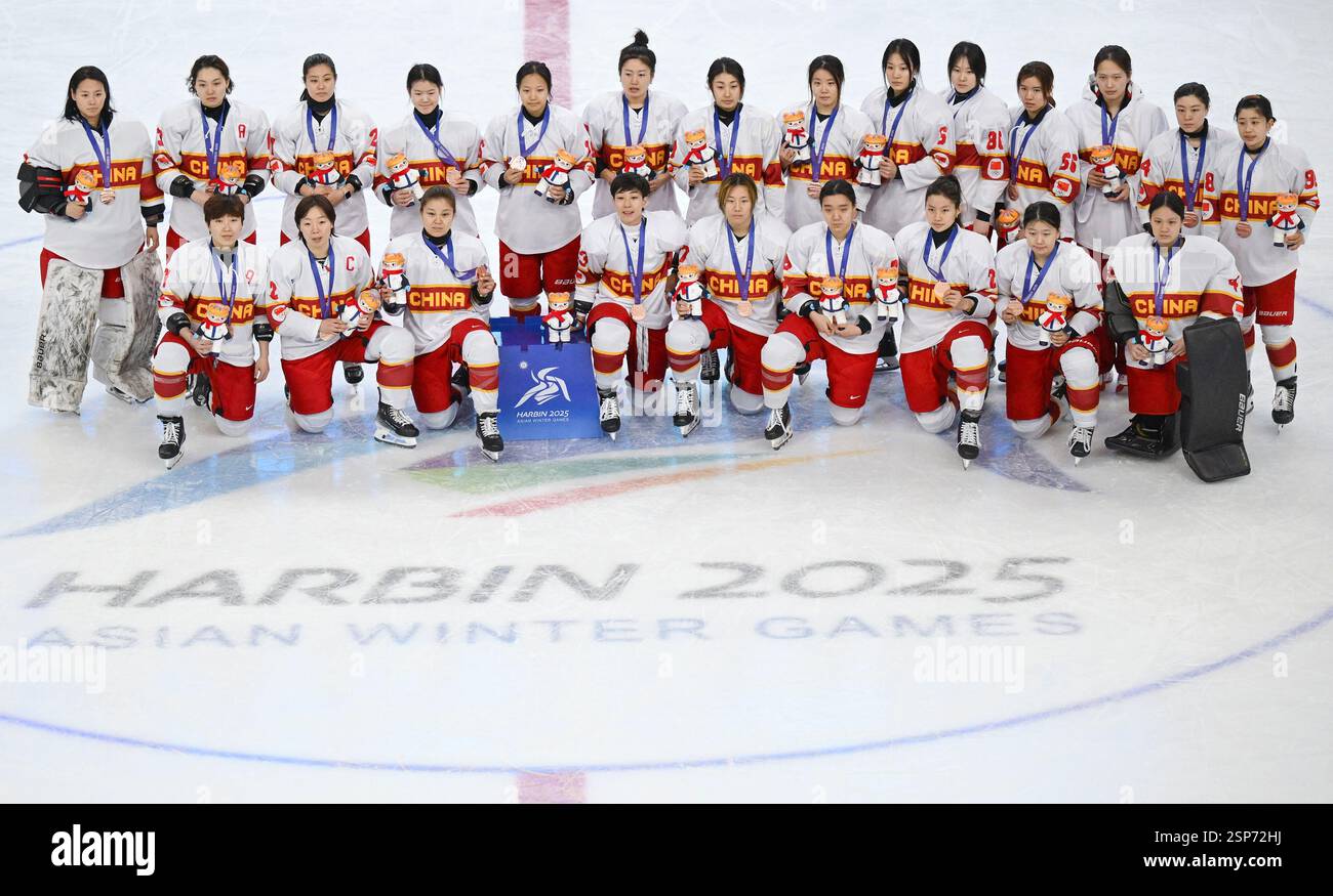 Harbin, China's Heilongjiang Province. 14th Feb, 2025. Bronze medalists ...