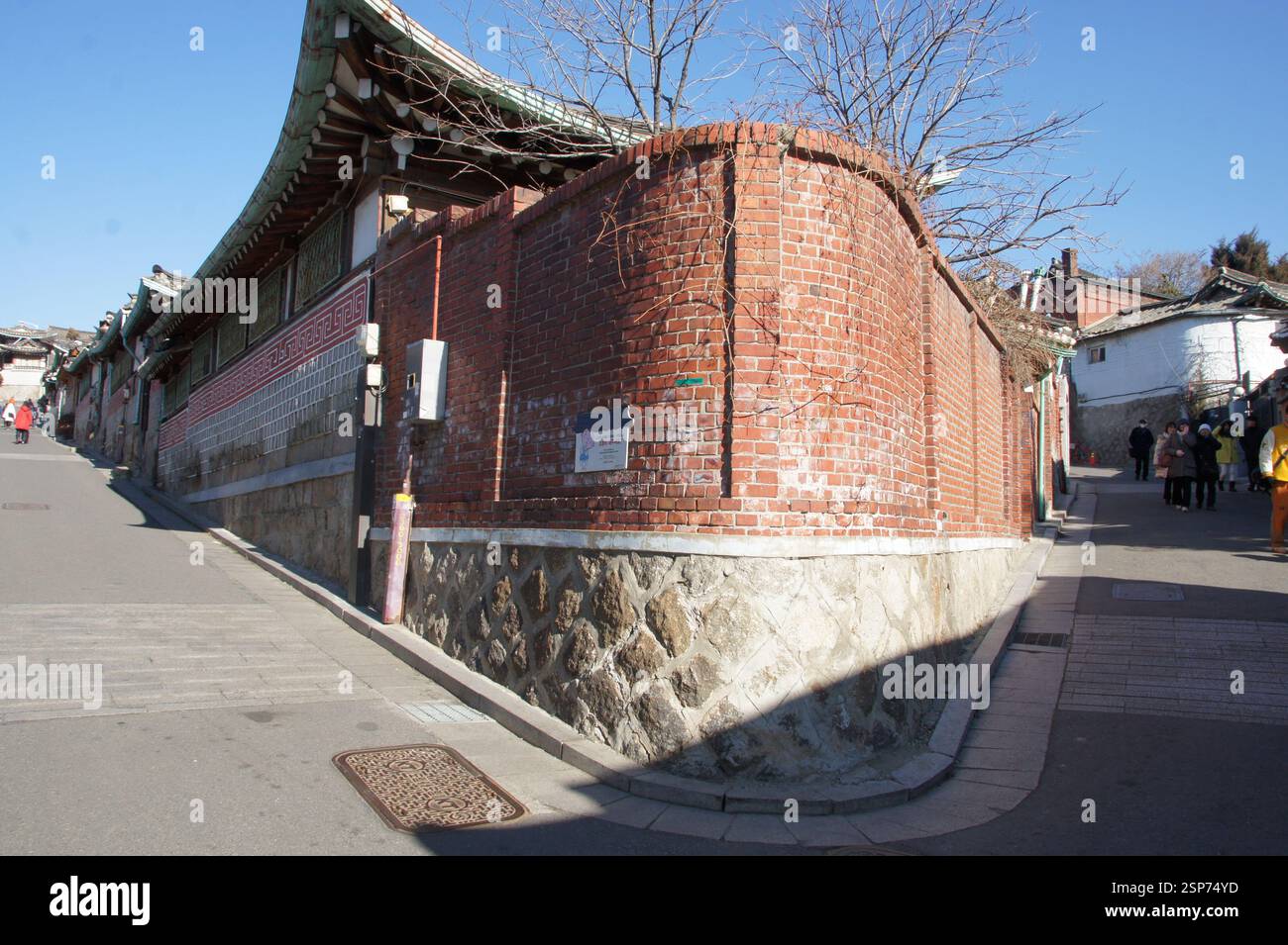 Street scene in South Korea with traditional Korean architecture. Brick ...