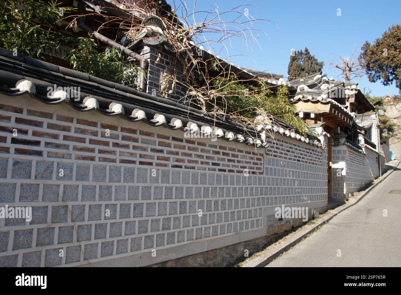 Street scene South Korea. Traditional Korean wall. Stone blocks and ...