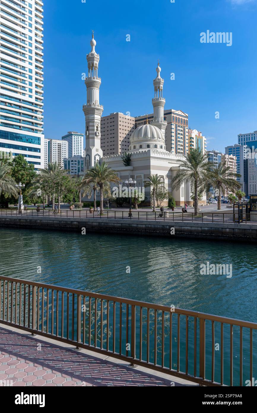 Al Qasba Mosque, on Al Qasba canal which links the two lakes Al Khan ...