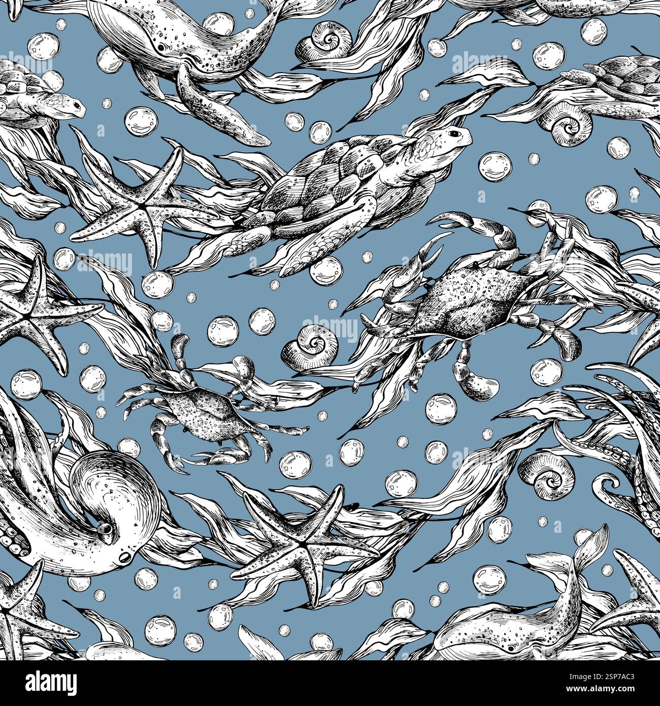 Octopuses, turtles, whales, jellyfish, seaweed in the shape of a wave ...