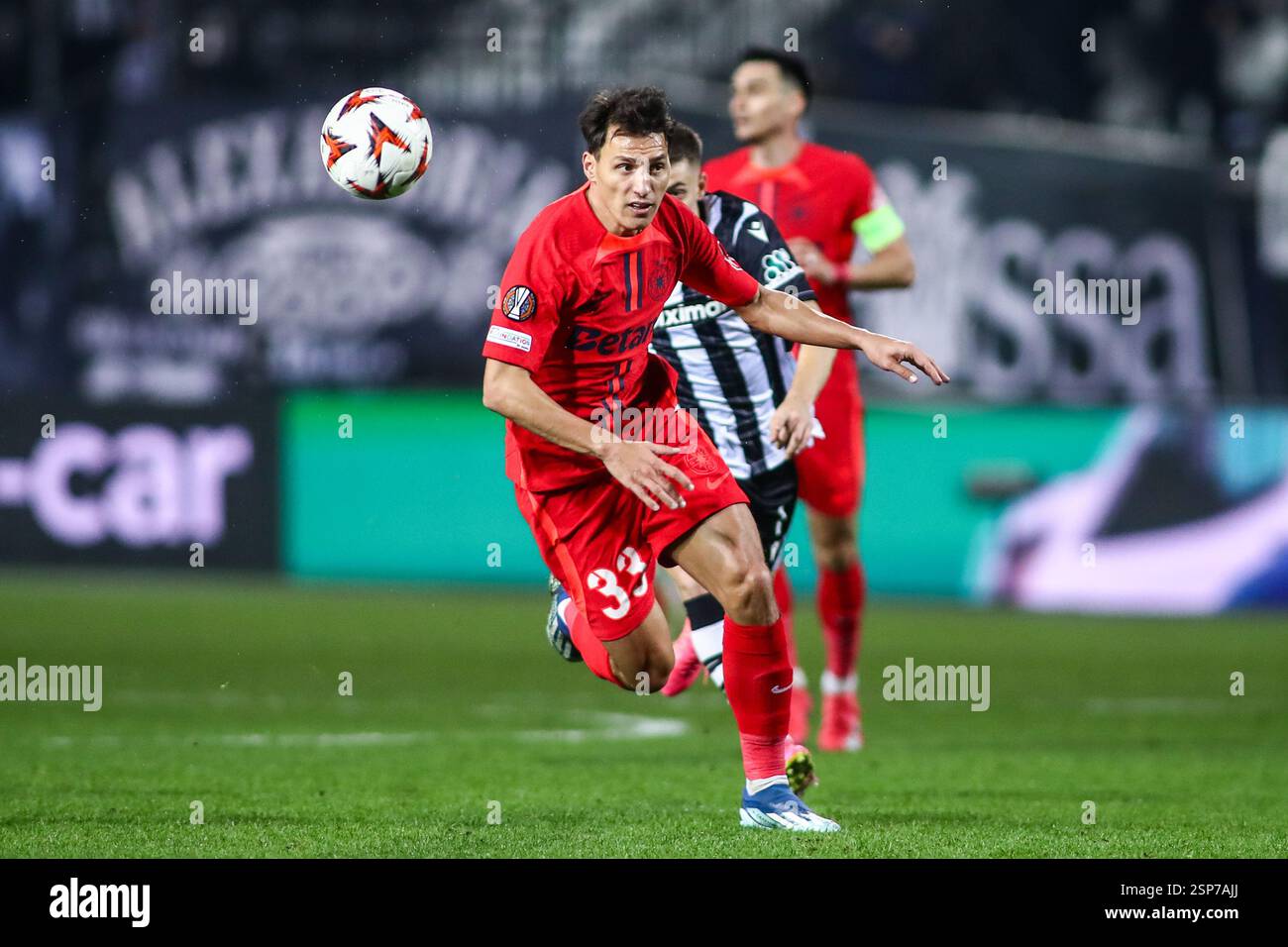 Thessaloniki, Greece. 13th Feb, 2025. Steaua's Risto Radunovic in ...