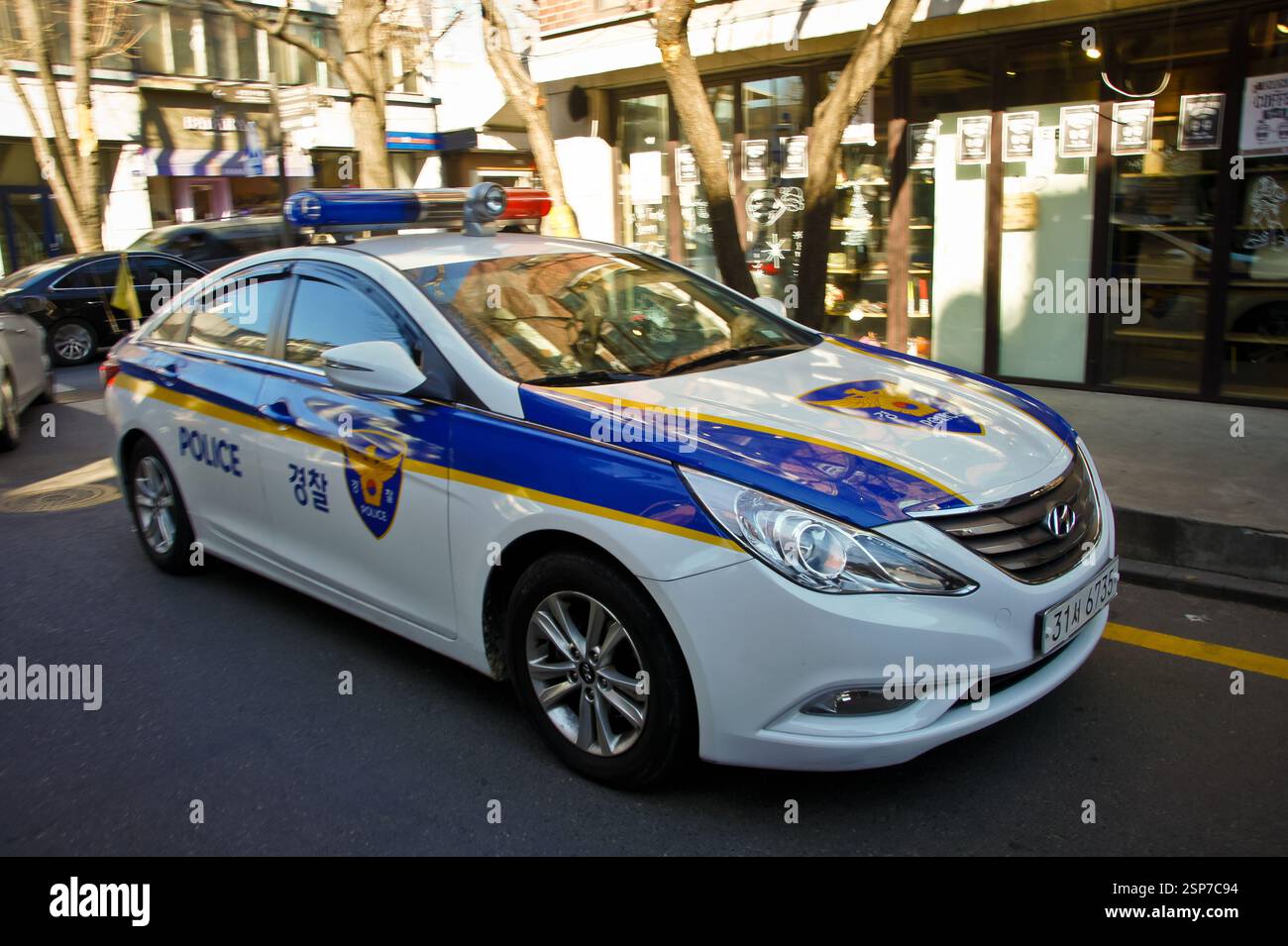 Hyundai Sonata Police Car. White with blue and yellow markings. Used by ...