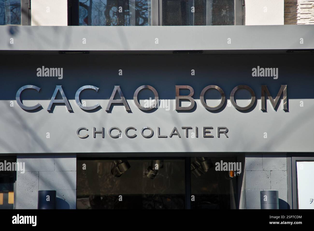 Storefront in South Korea. Modern signage with "CACAO BOOM CHOCOLATIER ...