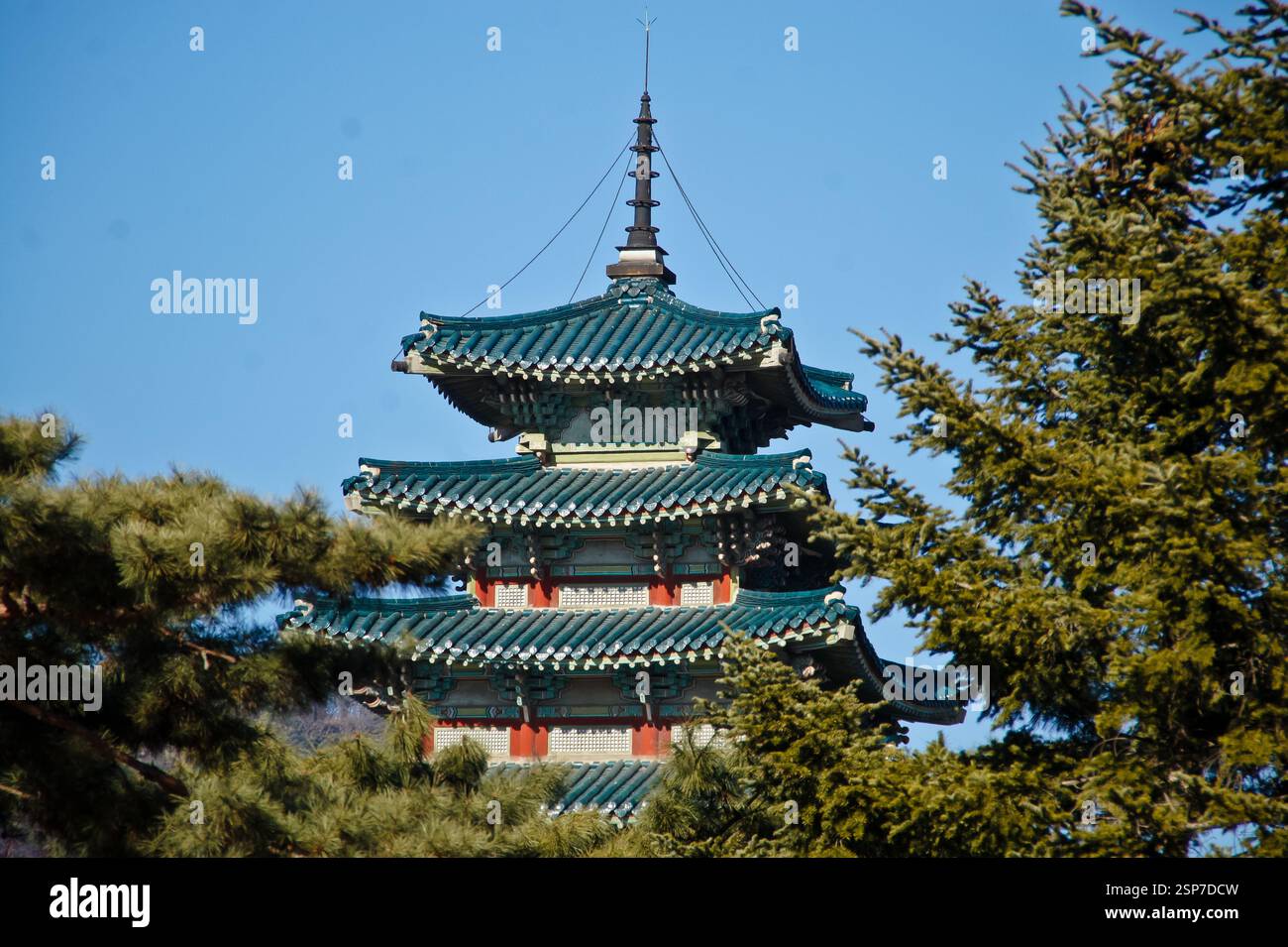 Gyeongbokgung Palace, a multi-tiered pagoda with a green tile roof and ...