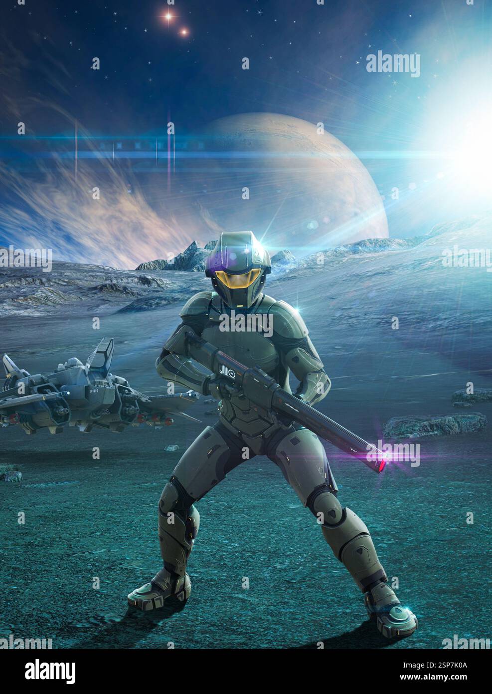 Futuristic soldier with a laser rifle standing on an alien planet ready ...