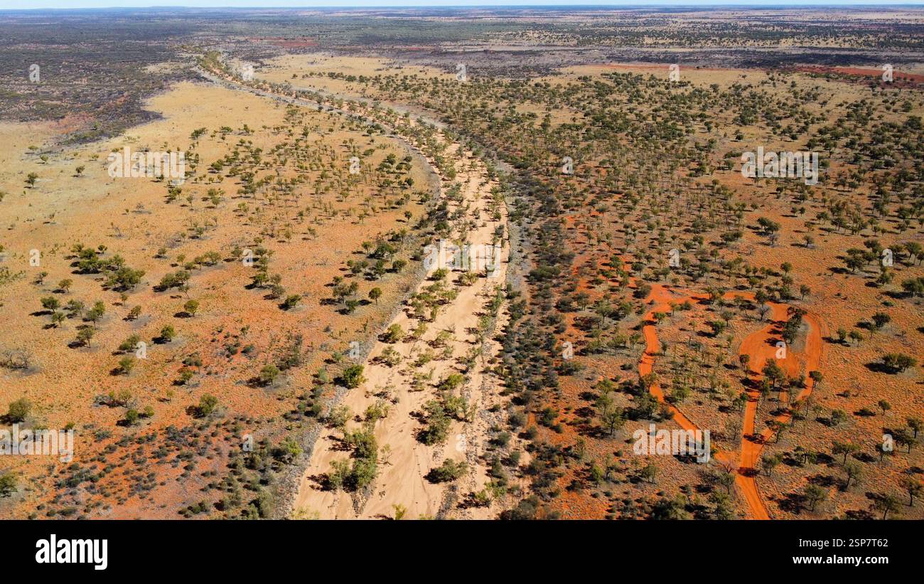 A dried out river bed in the Australian outback, seen from above Stock ...