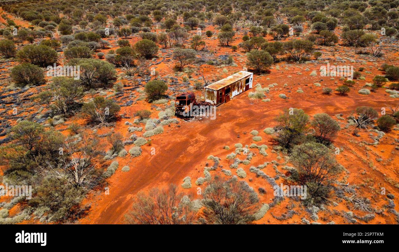 A burned out truck in the Australian outback, seen from above Stock ...