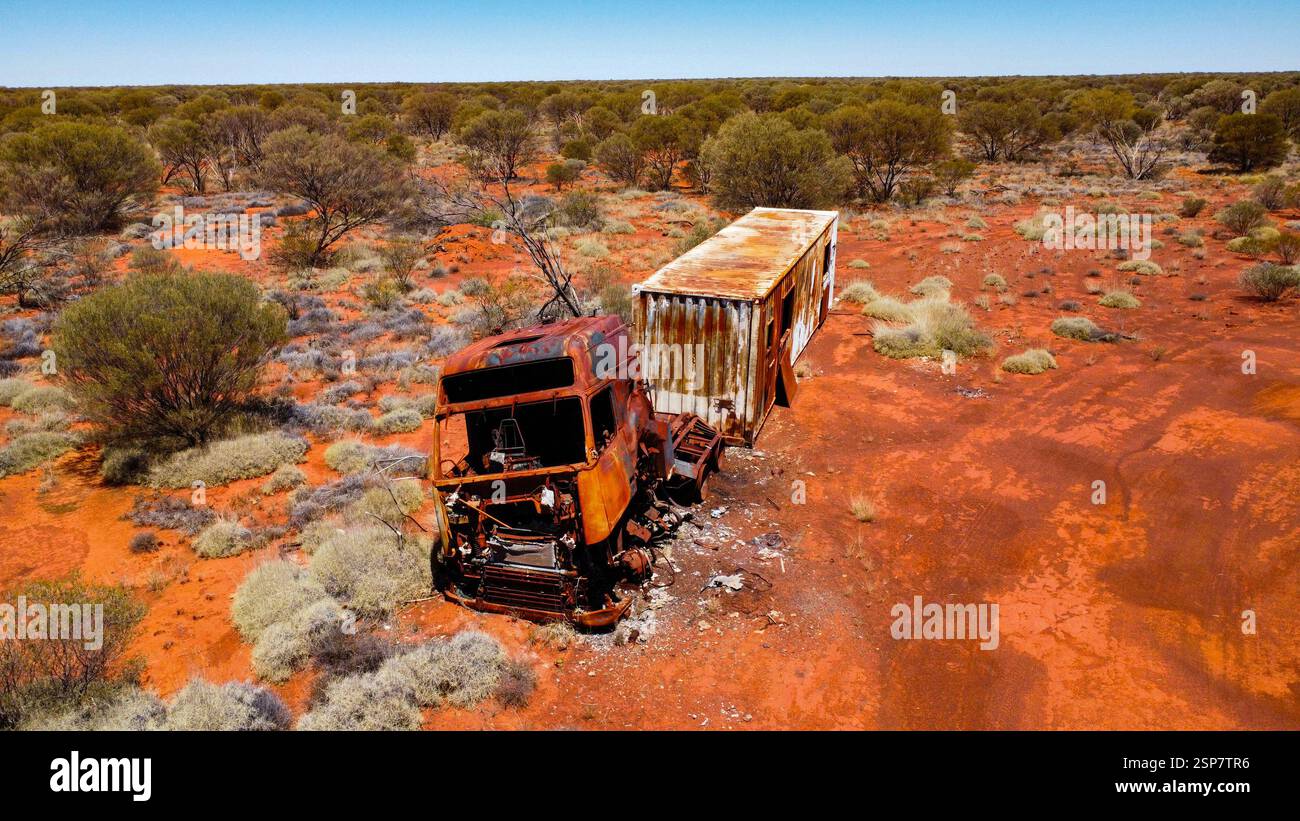 A burned out truck in the Australian outback, seen from above Stock ...