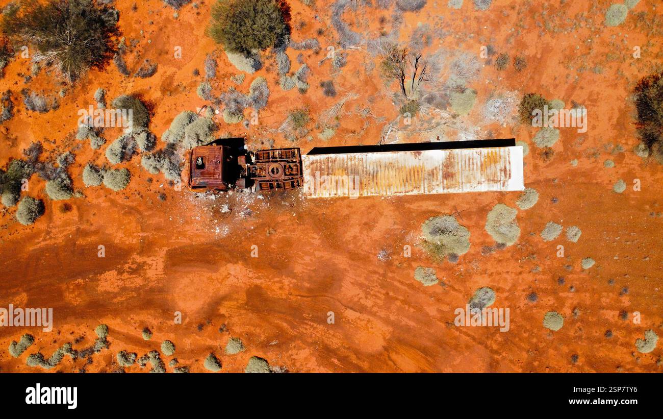 A burned out truck in the Australian outback, seen from above Stock ...