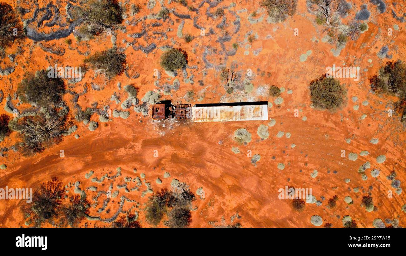 A burned out truck in the Australian outback, seen from above Stock ...