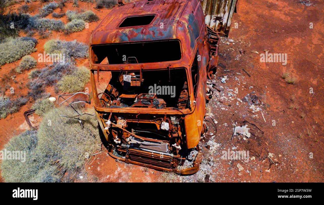 A burned out truck in the Australian outback, seen from above Stock ...