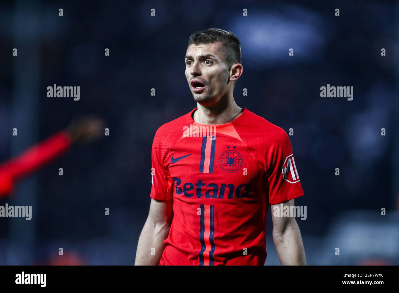 Thessaloniki, Greece. 13th Feb, 2025. Steaua's Florin Tanase during a ...