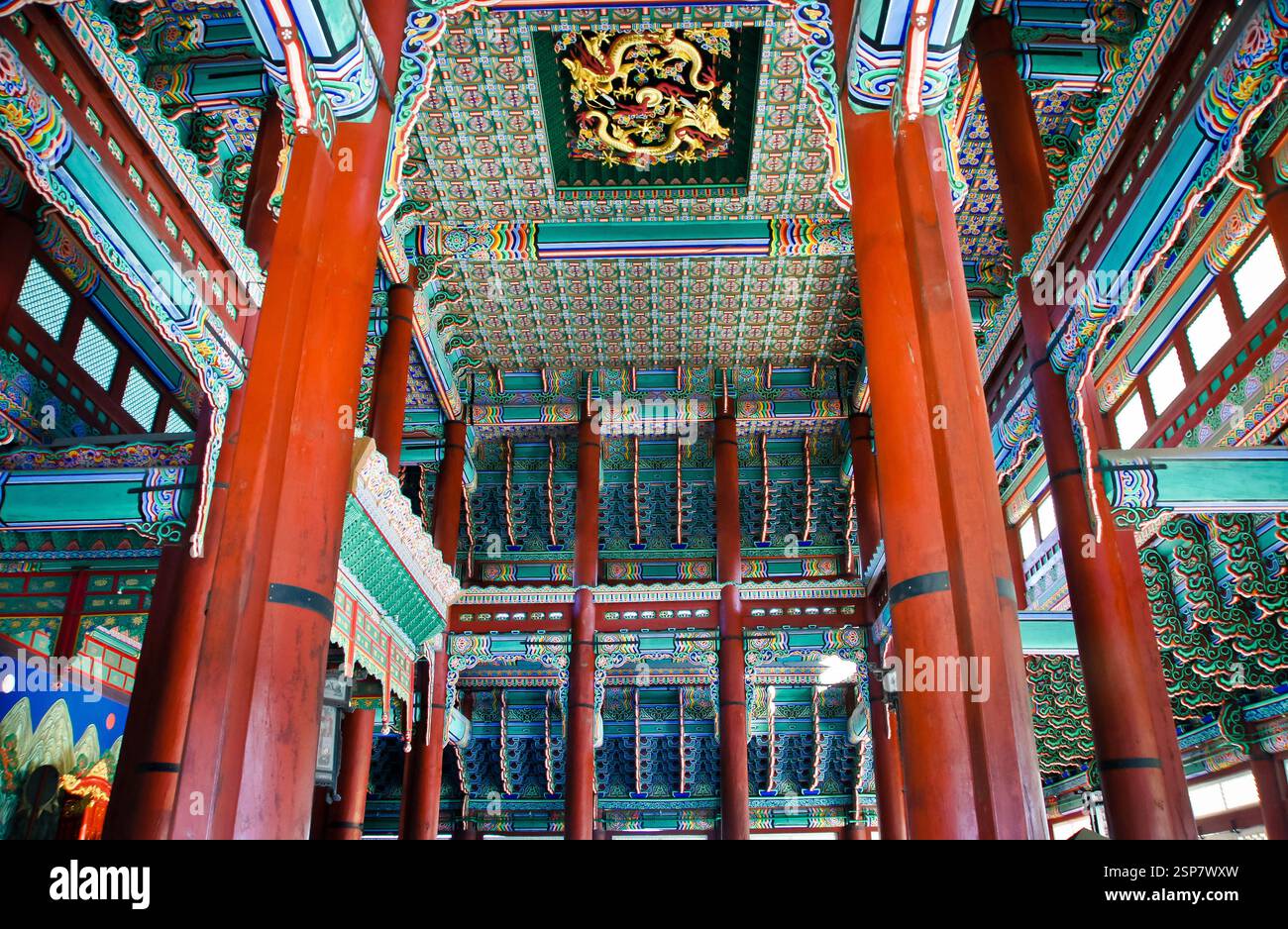 Gyeongbokgung Palace Throne Hall. Brightly colored ceiling with ...