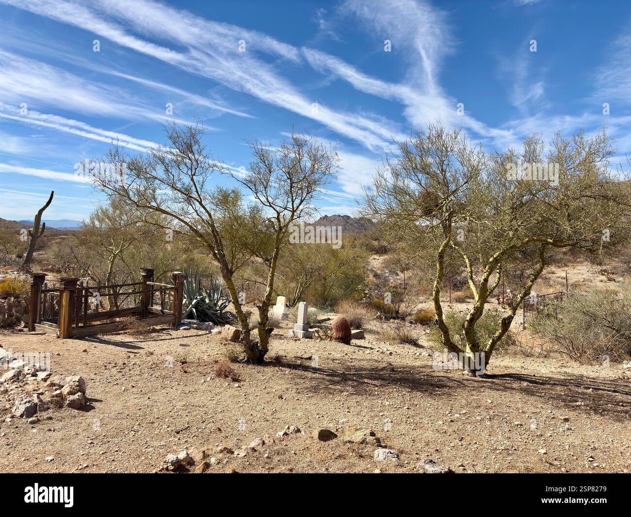 Desert pioneer cemetery with weathered wooden grave, headstones Stock ...