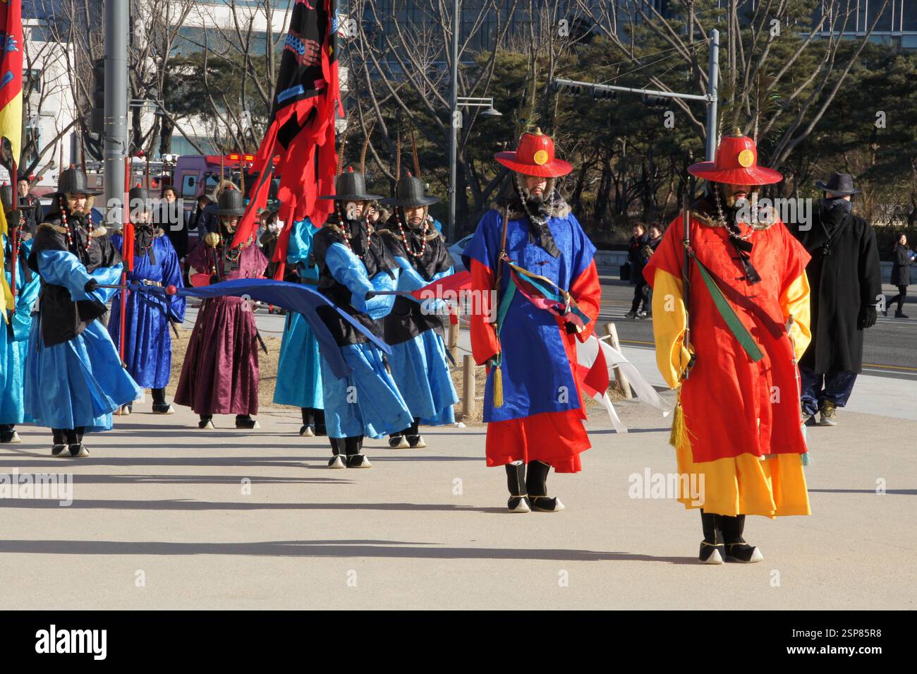 Royal Guard in colorful uniforms marching in a ceremony. The guards ...