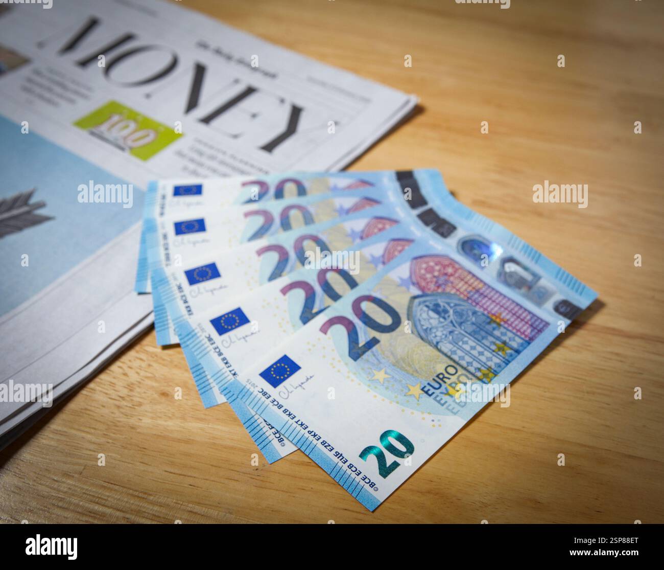 5 X twenty Euro Banknotes on a finance money section of a British ...