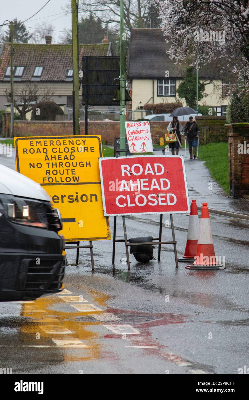 In wet weather road closures in Suffolk market town Framlingham with ...