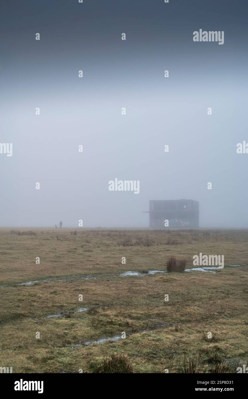 Mist fog shrouding the abandoned historic remains of the old control ...