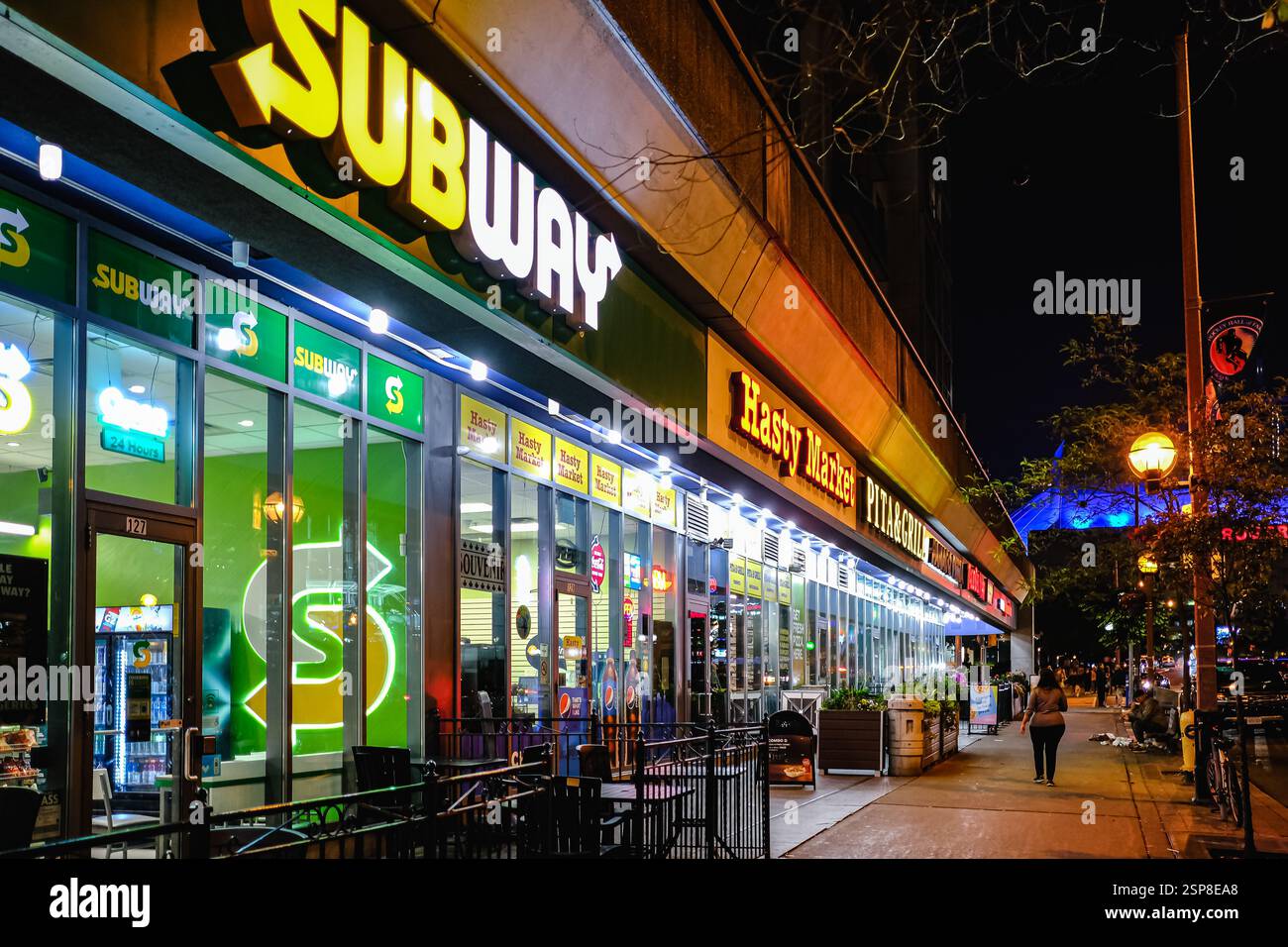 Night view of a Subway Restaurant exterior. American fast food ...