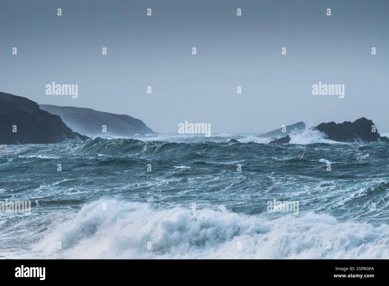 Rough wild seas in Fistral Bay caused by Storm Éowyn on the coast of ...