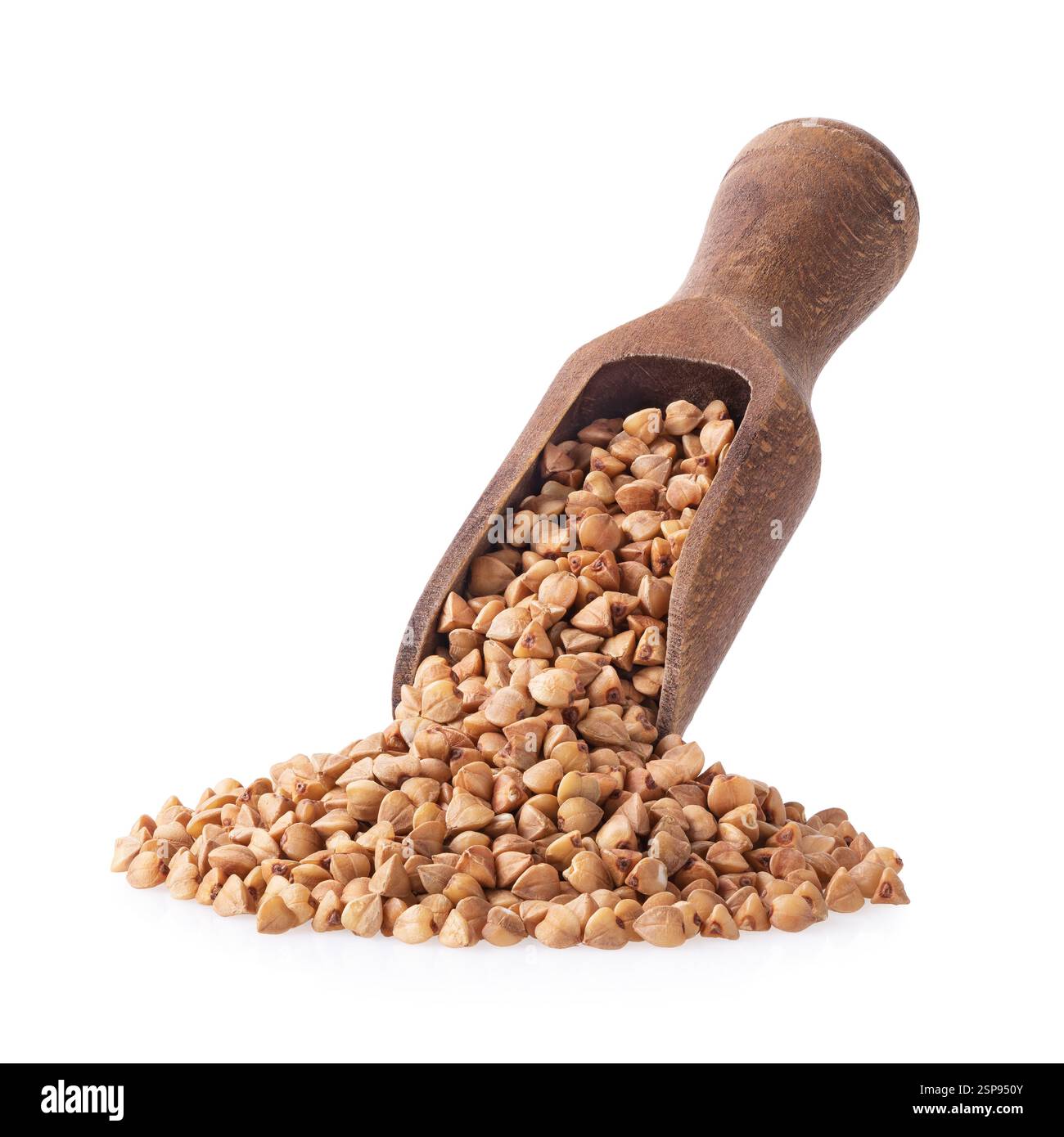 Wooden ladle with buckwheat isolated on white background, packaging ...