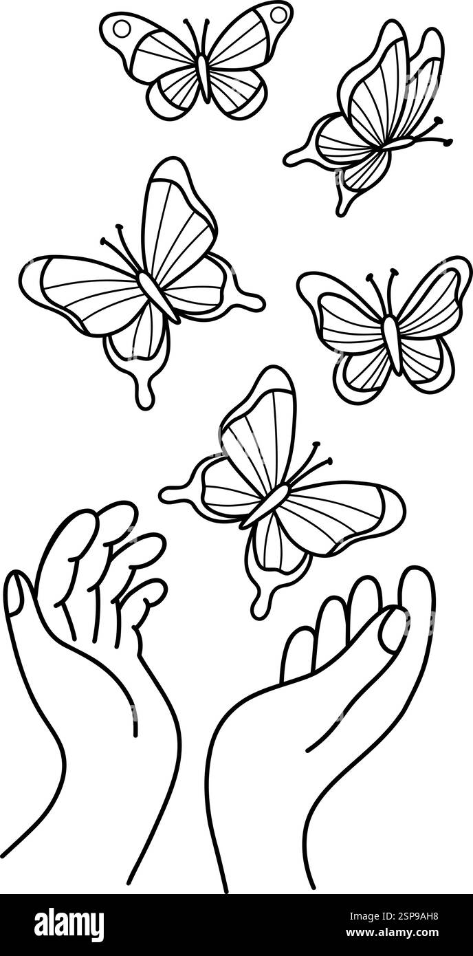 Outline Hands releasing butterflies. Butterfly symbol freedom, transformation, and connection ...