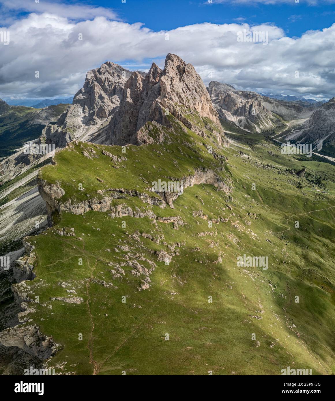 Drone view of the iconic Seceda plateau in the Dolomites, Italy, a ...