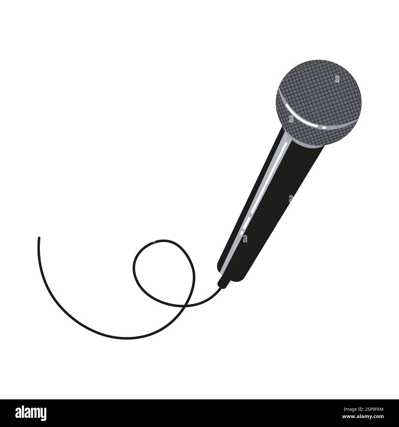 A microphone sits on a flat surface with a coiled cable nearby ...