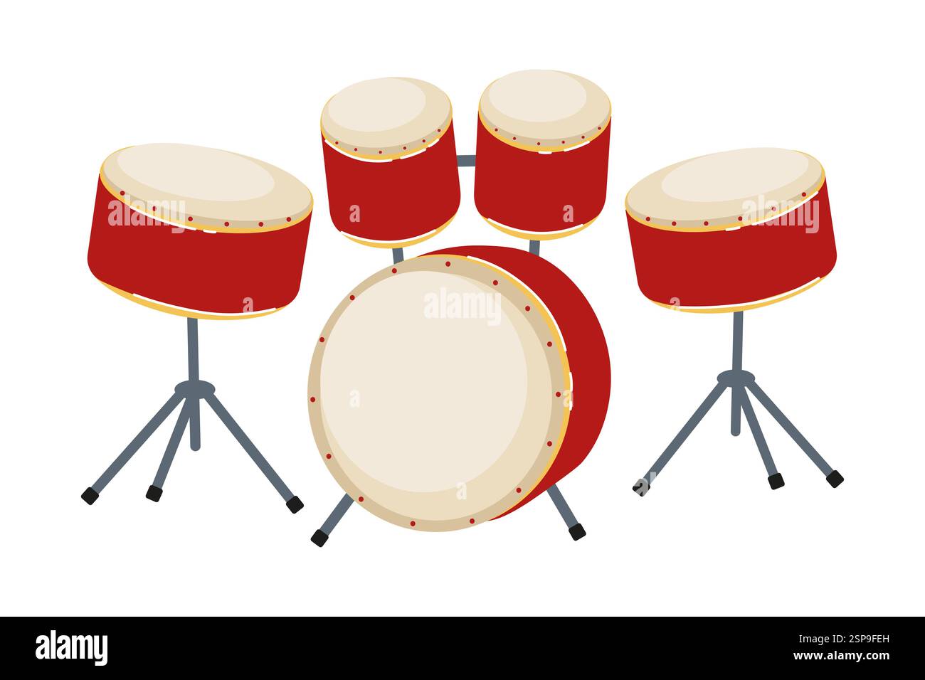 Colorful drum set with red drums and silver stands in a minimalist ...
